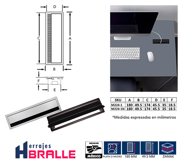 "PASACABLE RECTANGULAR CON CUBREPOLVO": Herrajes Bralle
